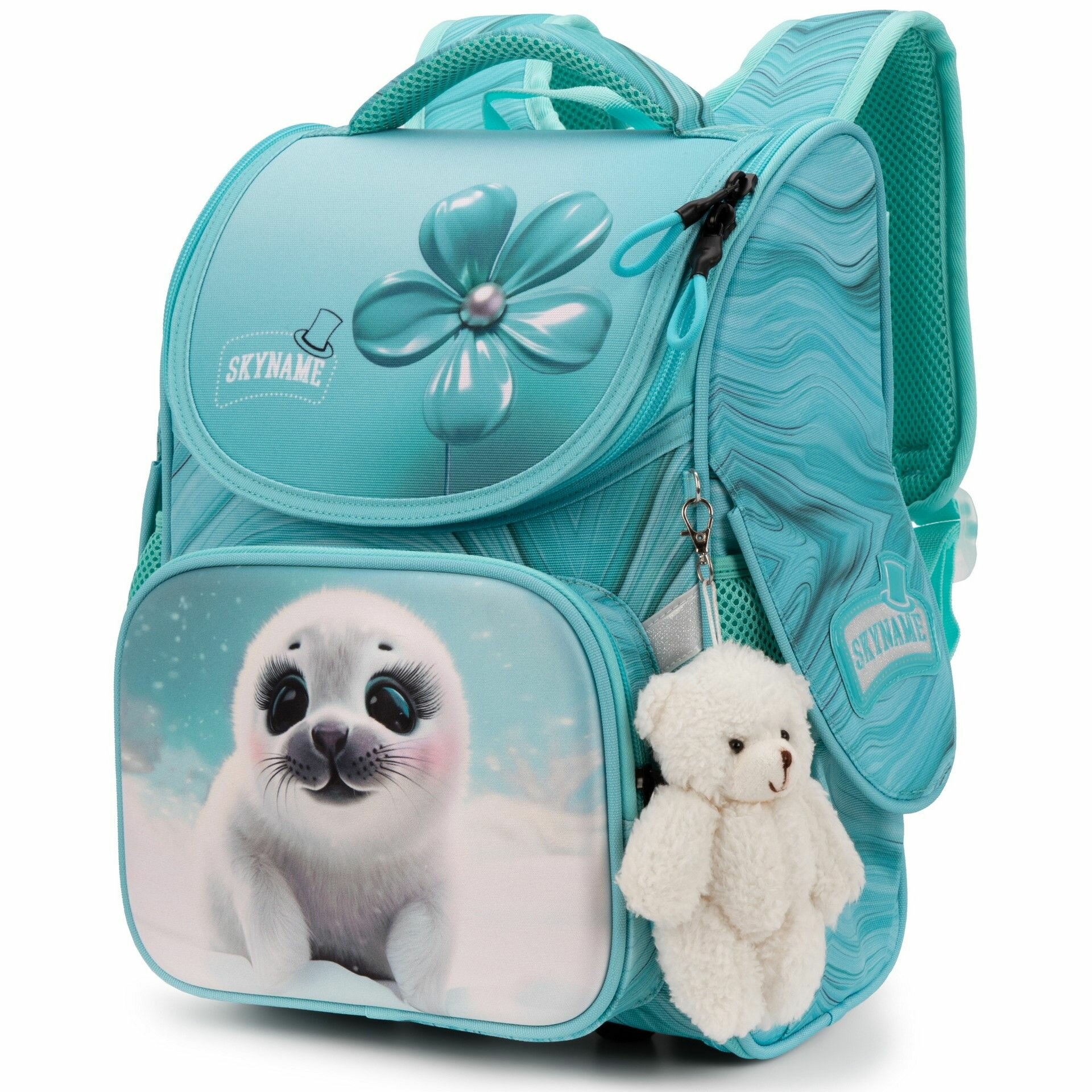 Ранец школьный для девочки для начальной школы 15л, А4 с анатомической спинкой SkyName (СкайНейм) + брелок-мишка