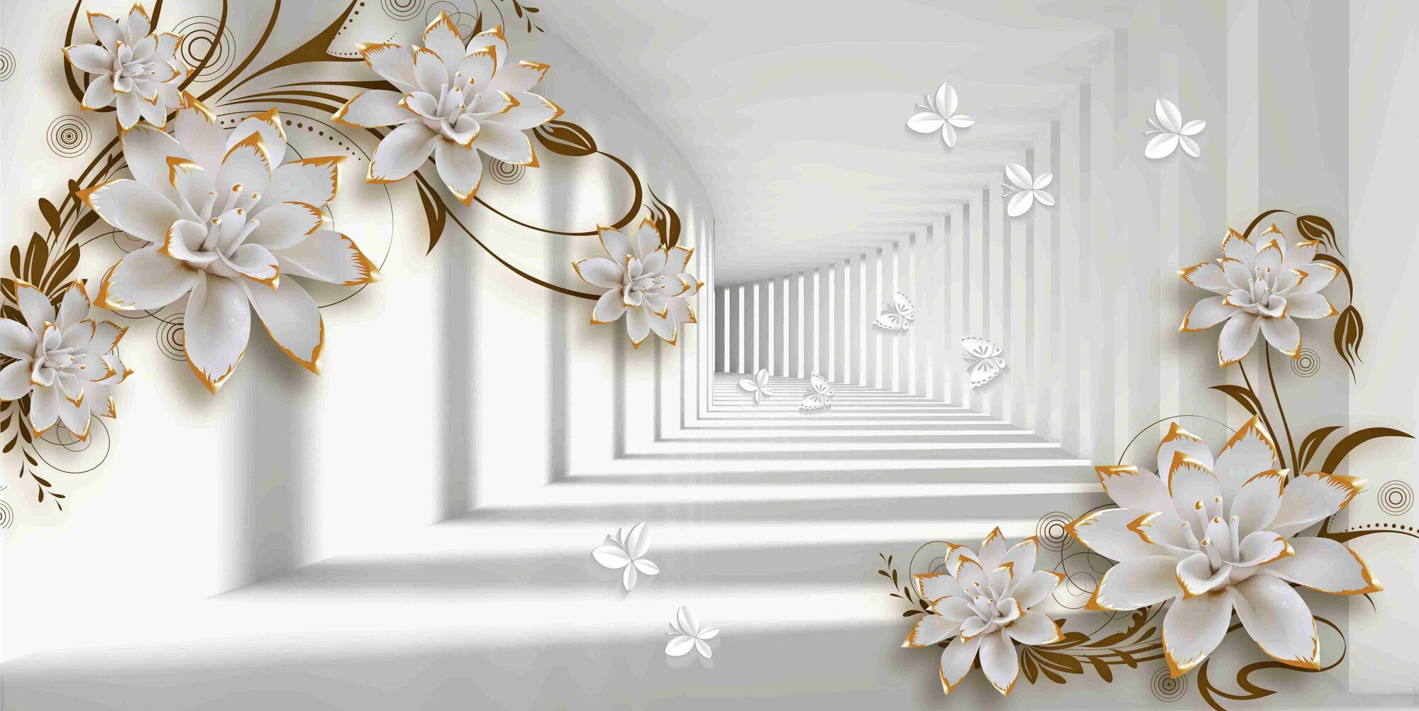 Фотообои на стену антивандальные 500х250см Тоннель и цветы 3D винил на флизелине