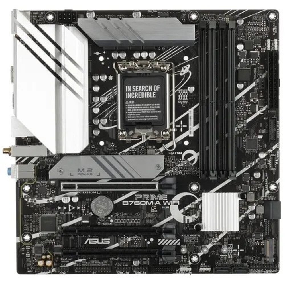 Материнская плата ASUS PRIME B760M-A WIFI (Socket 1700, mATX, 4xDDR5(128GB), 2xHDMI 2.1/DP, 3xPCIe 4.0x16, 1xLAN (2.5GbE), Wi-Fi, BT, 4xSATA 6Gb/s, 2xM.2, 2xUSB 3.2, 4xUSB 2.0, 1xPS/2)