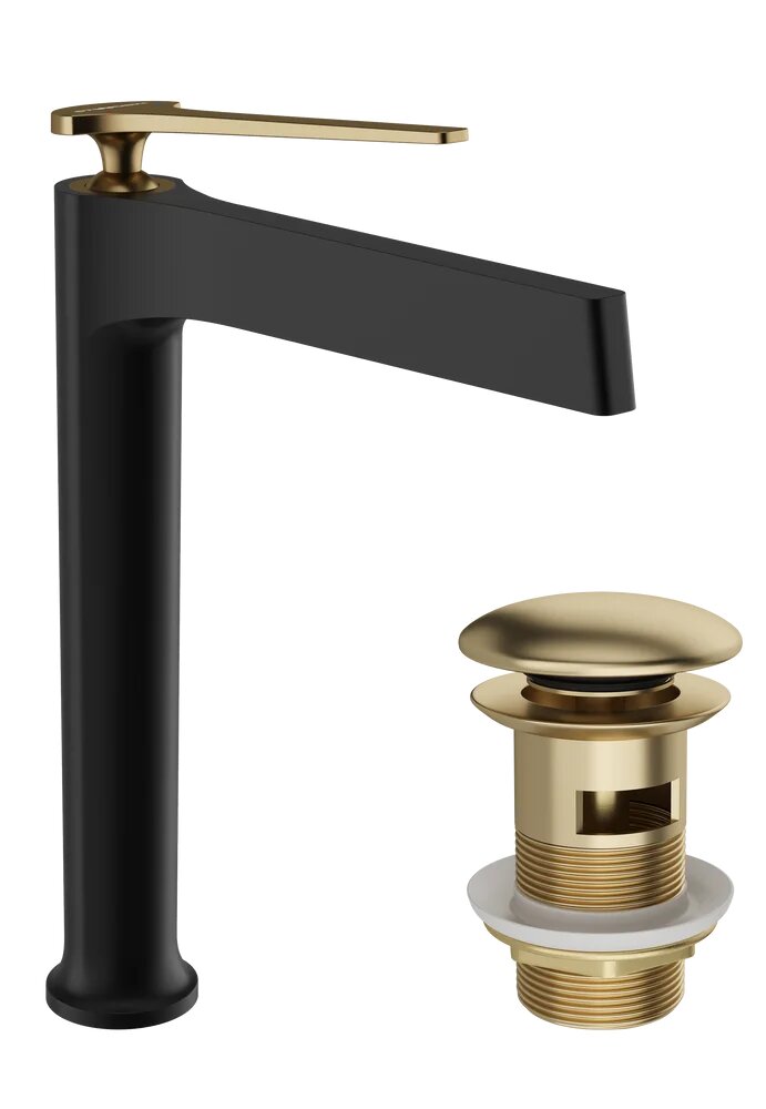 Смеситель для раковины в ванную высокий STWORKI Аулум с донным клапаном, черный матовый, золотой матовый, латунь, рычажный, кран для ванной в раковину с керамическим картриджем, финский