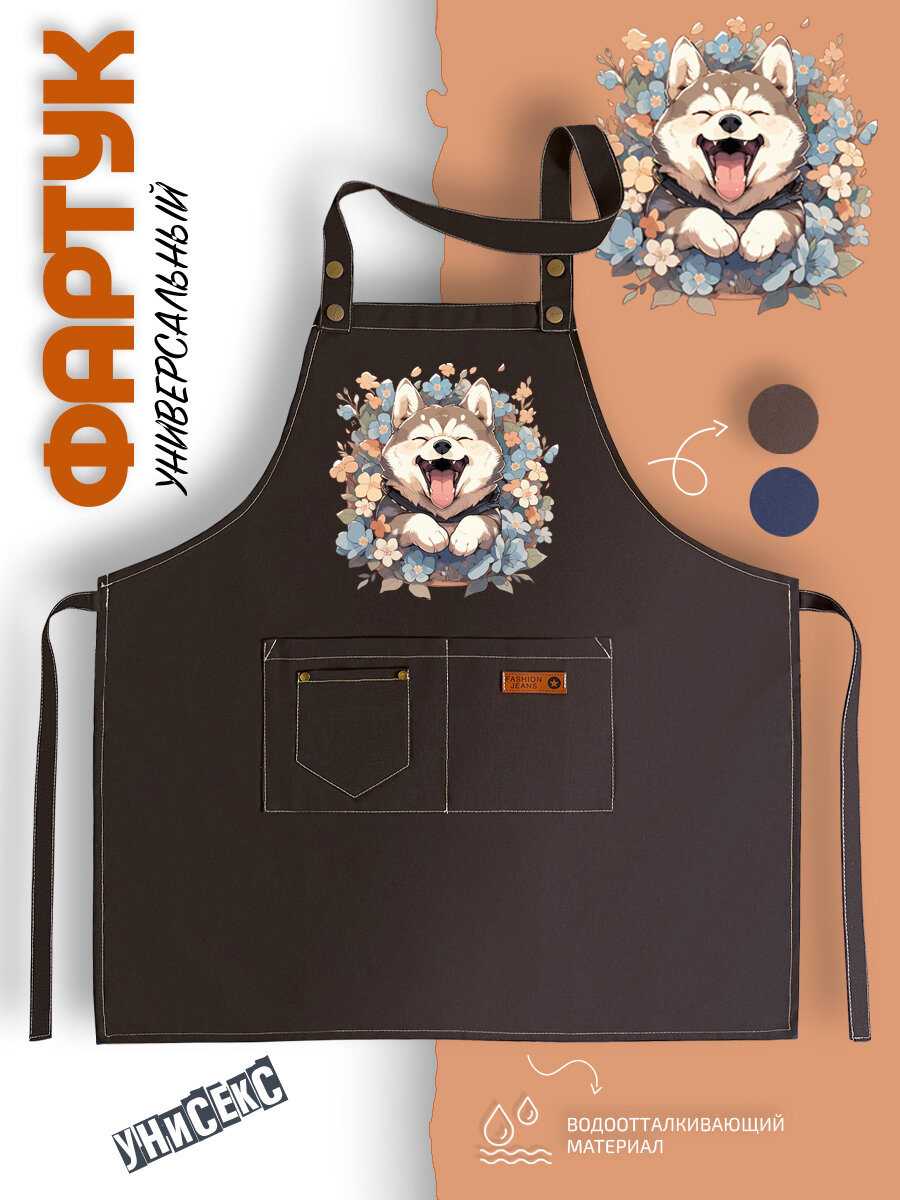 Фартук кухонный собака хаски уневерсальный с принтом поварской