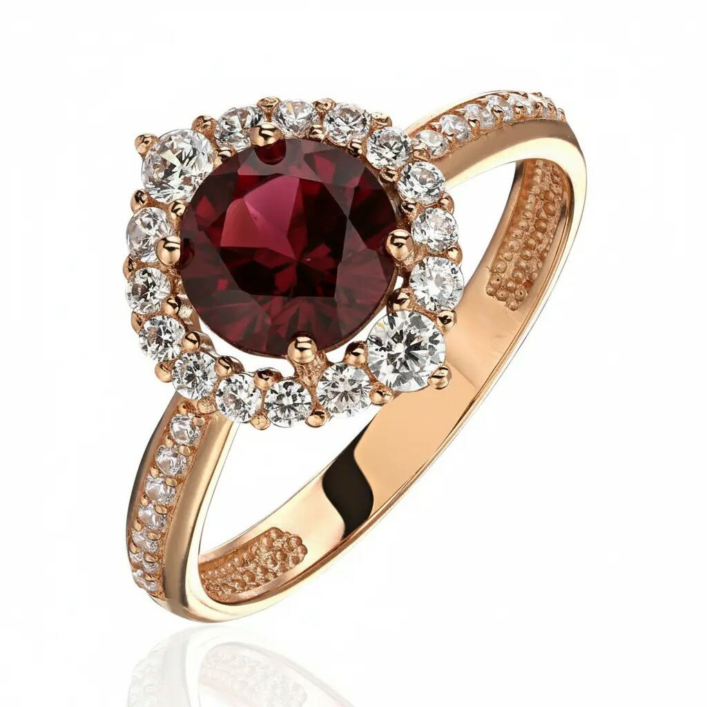 Кольцо, красное золото, 585 проба, фианит, гранат