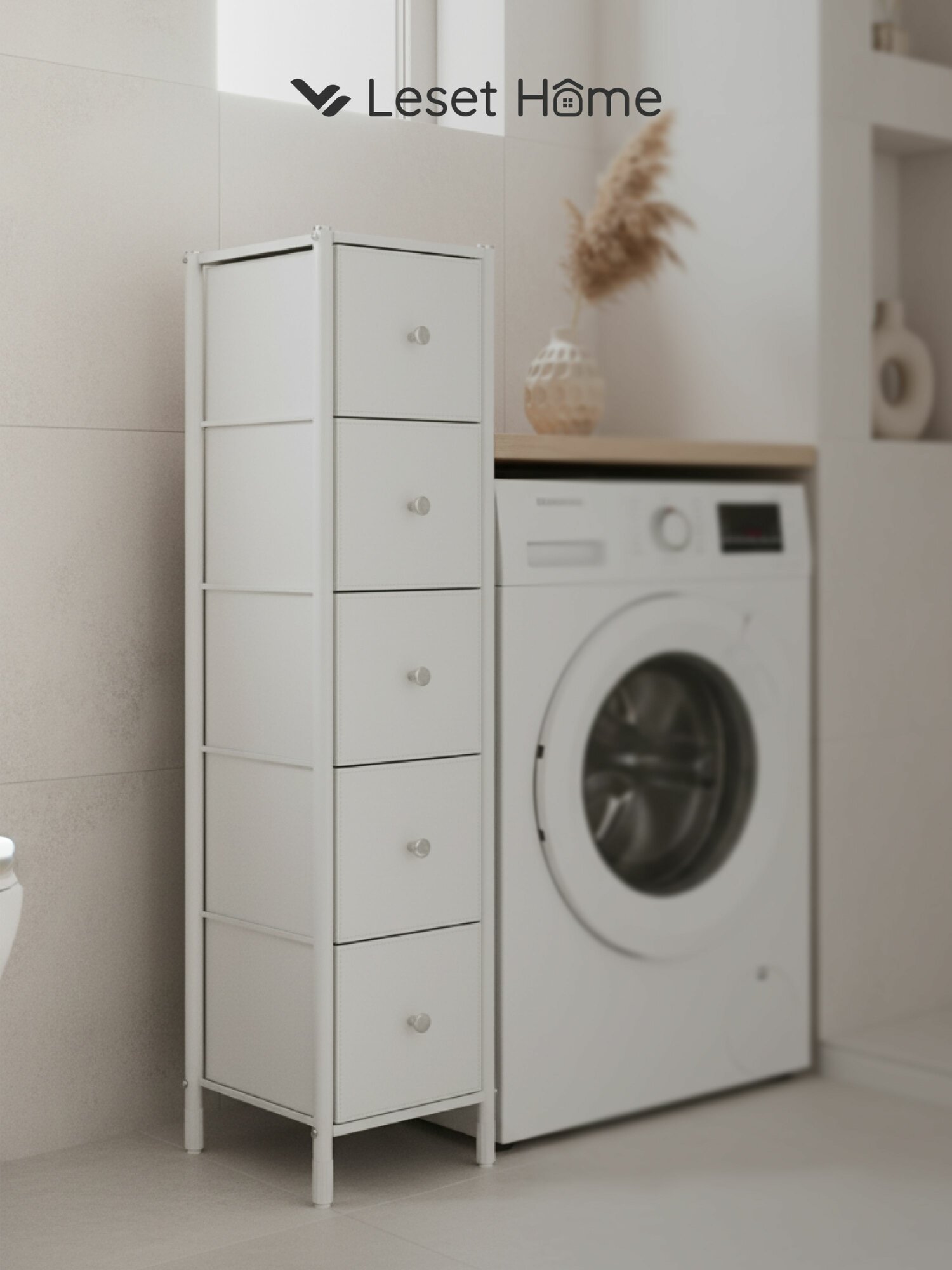 Комод Leset Нирита узкий в ванную 5 ящиков, комод в прихожую каркас металлический Белый, фасад экокожа