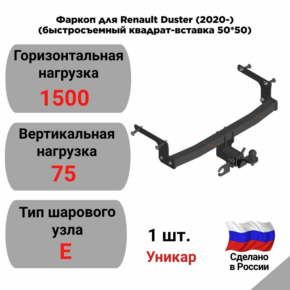 Фаркоп для Renault Duster (2020 -)(быстросъемный квадрат-вставка 50*50) "Уникар" 18160E