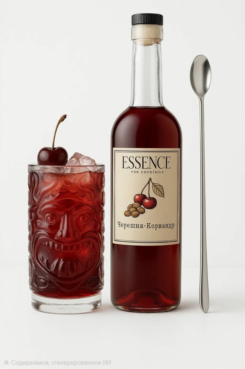 Набор для приготовления коктейлей сироп, кордиал 750 мл, "Черешня-кориандр" стакан Тики, коктейльная ложка.