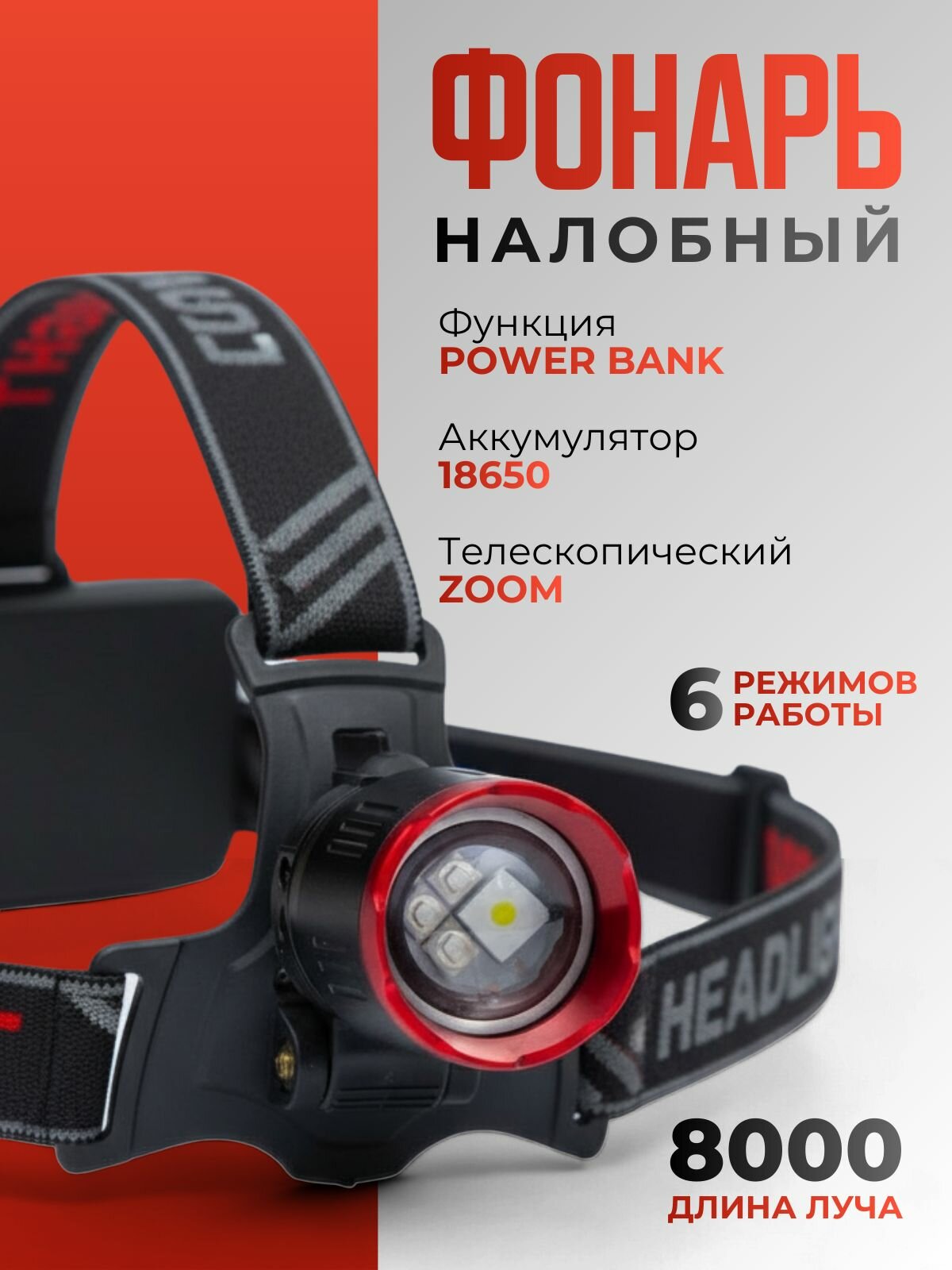 Фонарь налобный, аккумуляторный 18650 батарея, type-c, 6 режимов, датчик движения
