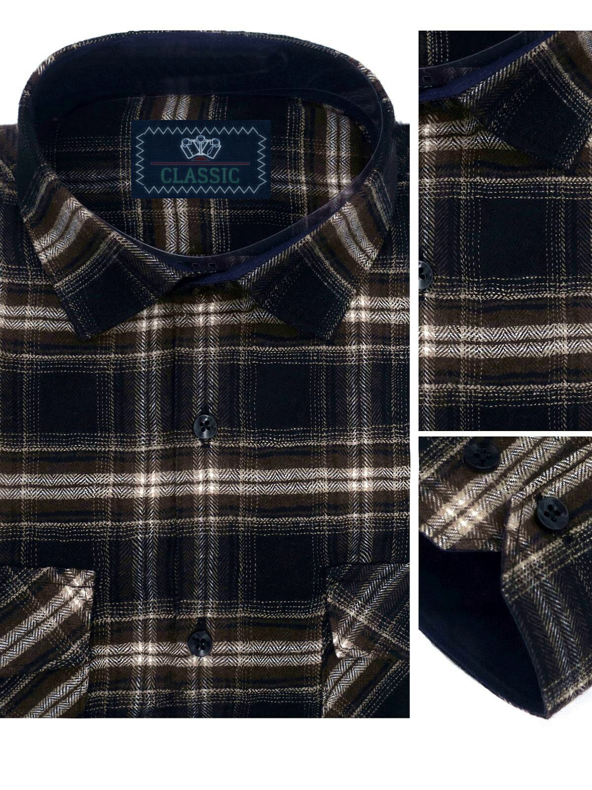 Рубашка Мужская рубашка с длинным рукавом прямая классическая, темная сорочка на пуговицах, рубаха на любой сезон, коричневая клетка, с двумя карманами и клапанами, утепленная теплая рубашка