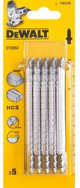Пилка для лобзика DeWALT DT2052, по дереву из высокоуглеродистой стали, HCS, 116 x 87 x 3.0 x 65 мм, T301CD, 5 шт.
