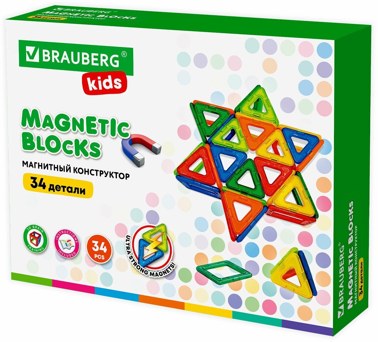 Магнитный конструктор Brauberg Kids Big Magnetic Blocks-34, 34 детали, с колесной базой 663845