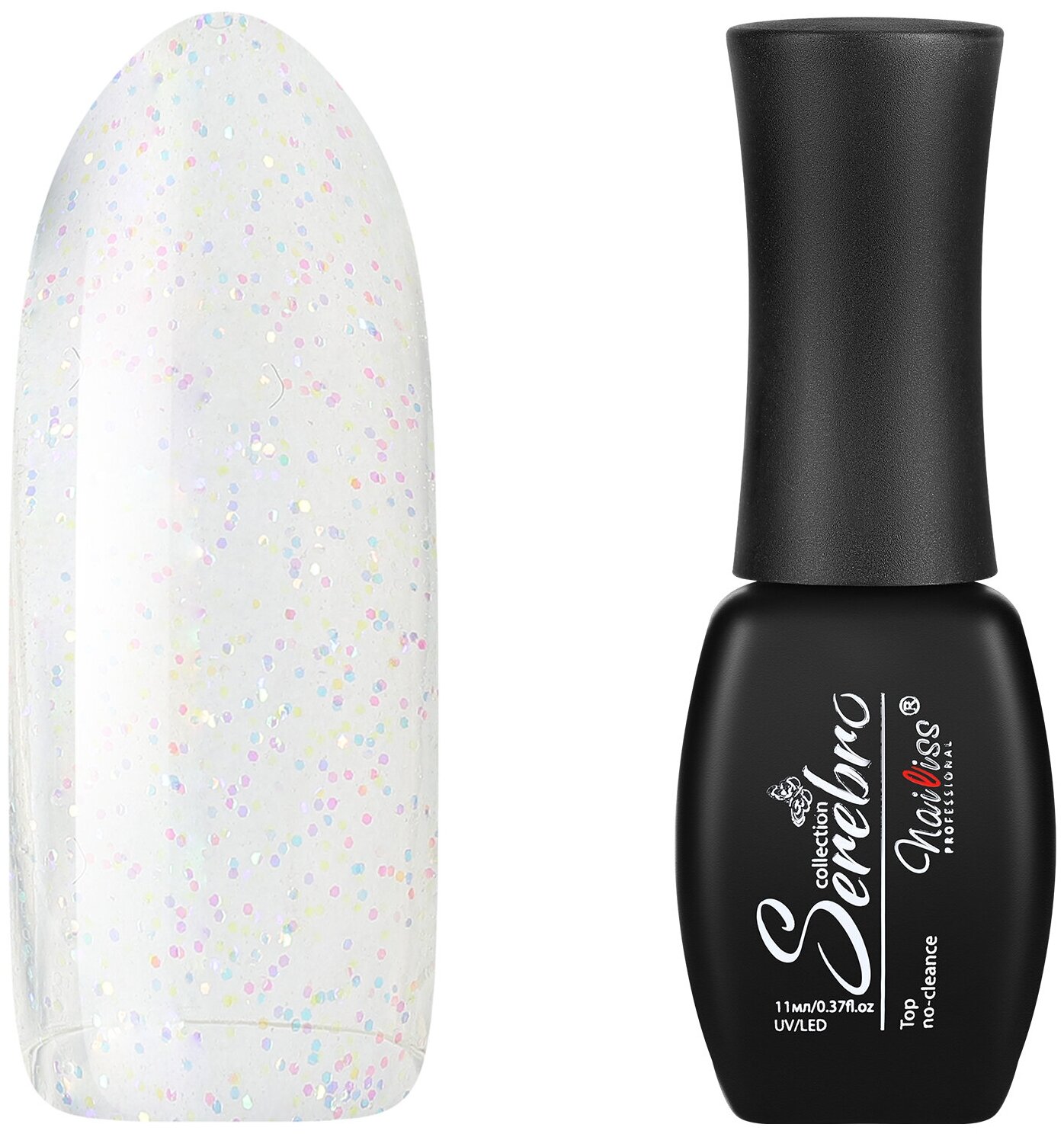 Топ для гель-лака Serebro без липкого слоя, с блестками, глянцевый, прозрачный, 11 мл