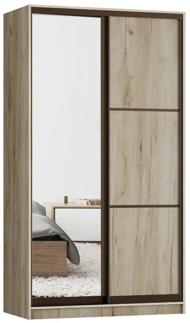 Шкаф купе Алонсо 2, Легкомаркет, 160х45х240, белье/платье, с ящиками, дуб крафт серый, профиль коньяк, с зеркалом