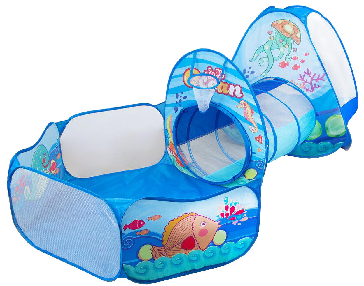 Детская игровая палатка "Океан" + тоннель + сухой бассейн, модуль из домика с туннелем и манежа с баскетбольным кольцом для дома и дачи