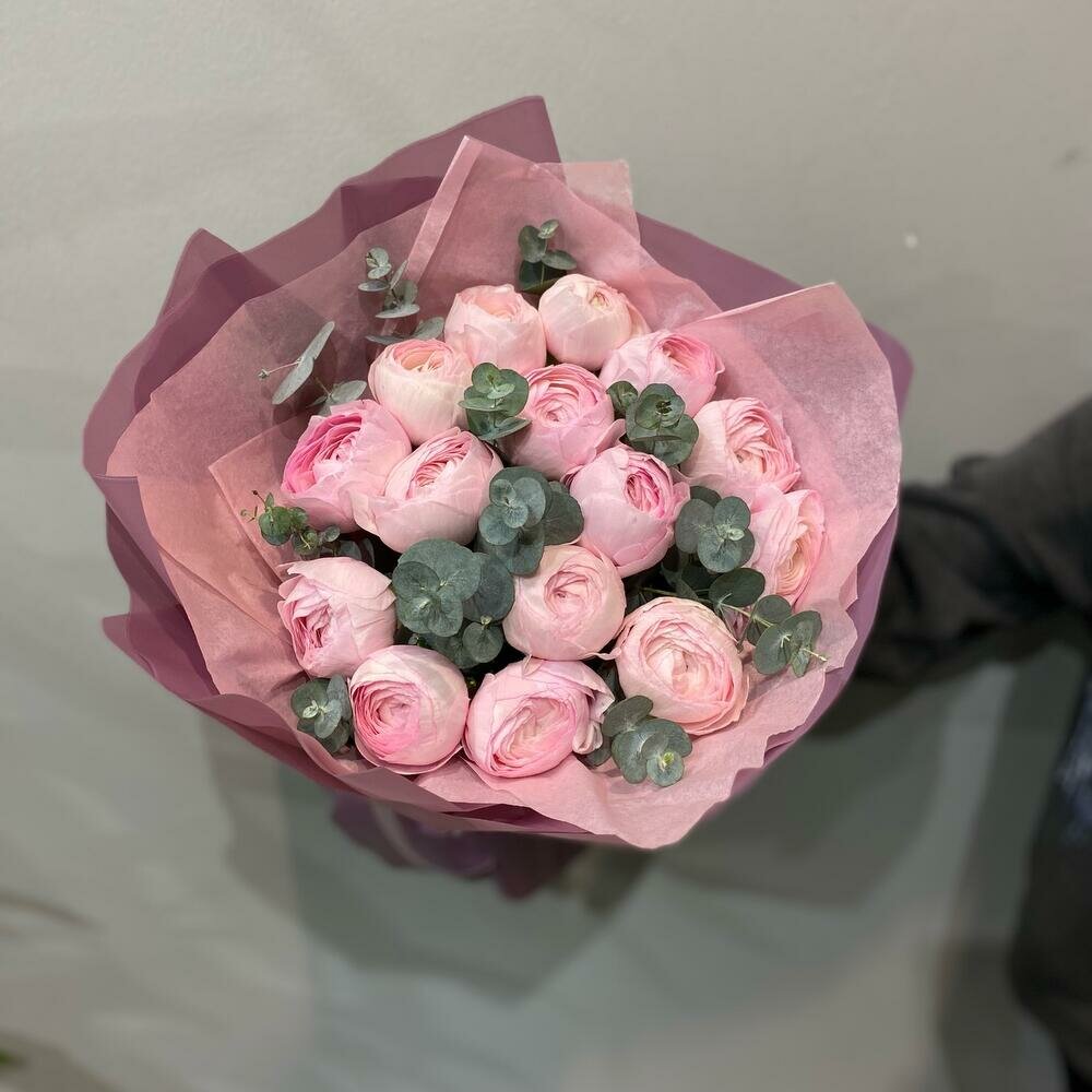 Букет Protea "Ранункулюс", монобукет, 15 ранункулюсов премиум, высота 45см, упаковка, 3 ленты