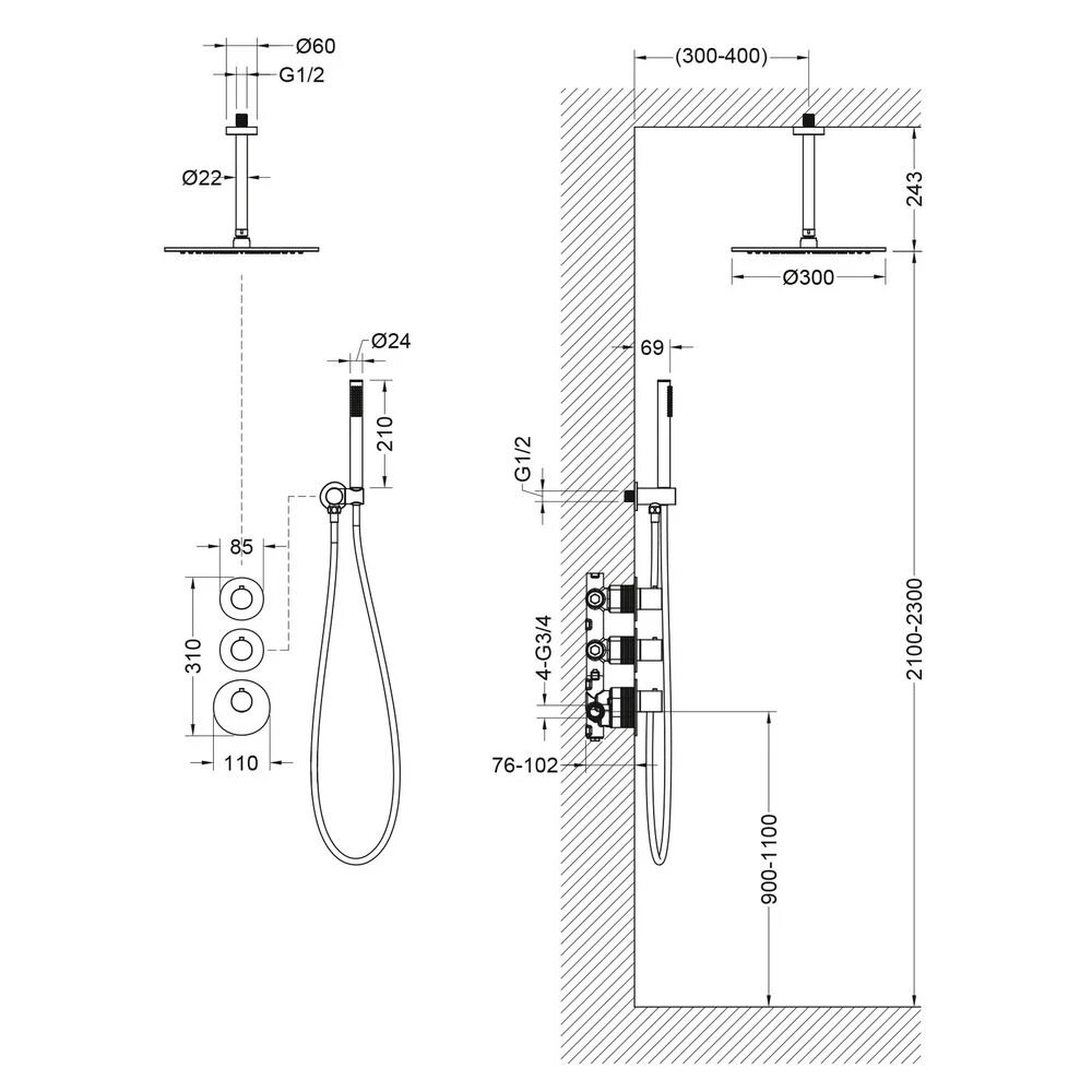 Душевая система встроенная с термостатом Timo Saona SX-2399/03SM черный