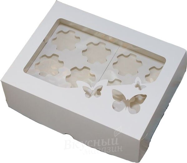 Упаковка для капкейков 12 ячеек с окошком Бабочки (Набор из 4 шт.)