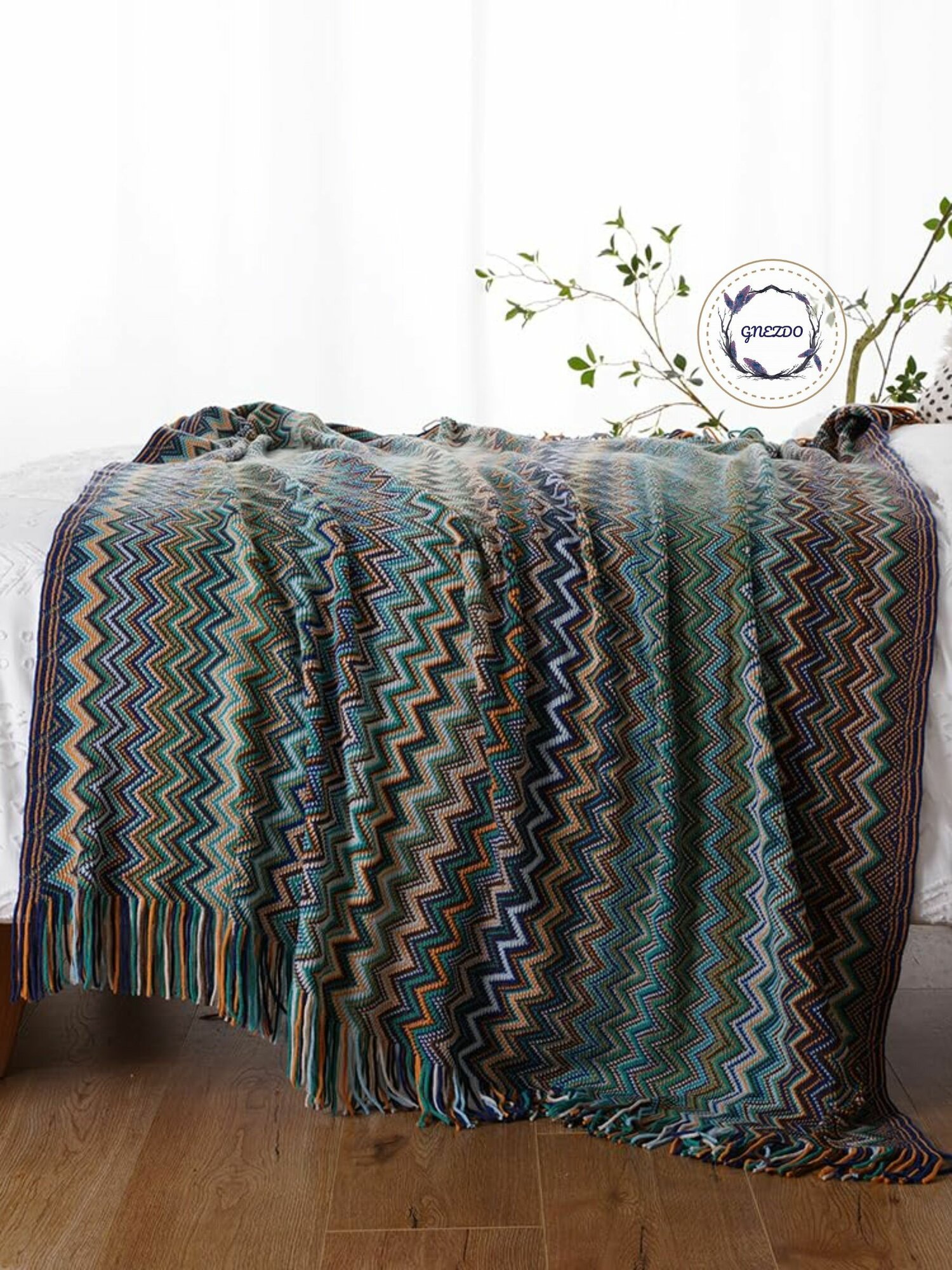 Плед вязаный интерьерный "GNEZDO", акрил, 130х170см, на диван, с бахромой, фотоплед