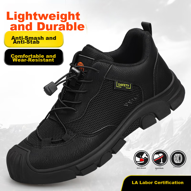 Jingtu Safety Shoes for Men, Steel Toe Cap, Puncture-Resistant, Wear-Resistant, Lightweight, Breathable, Work Safety Functional Shoes 0216BK Size 42