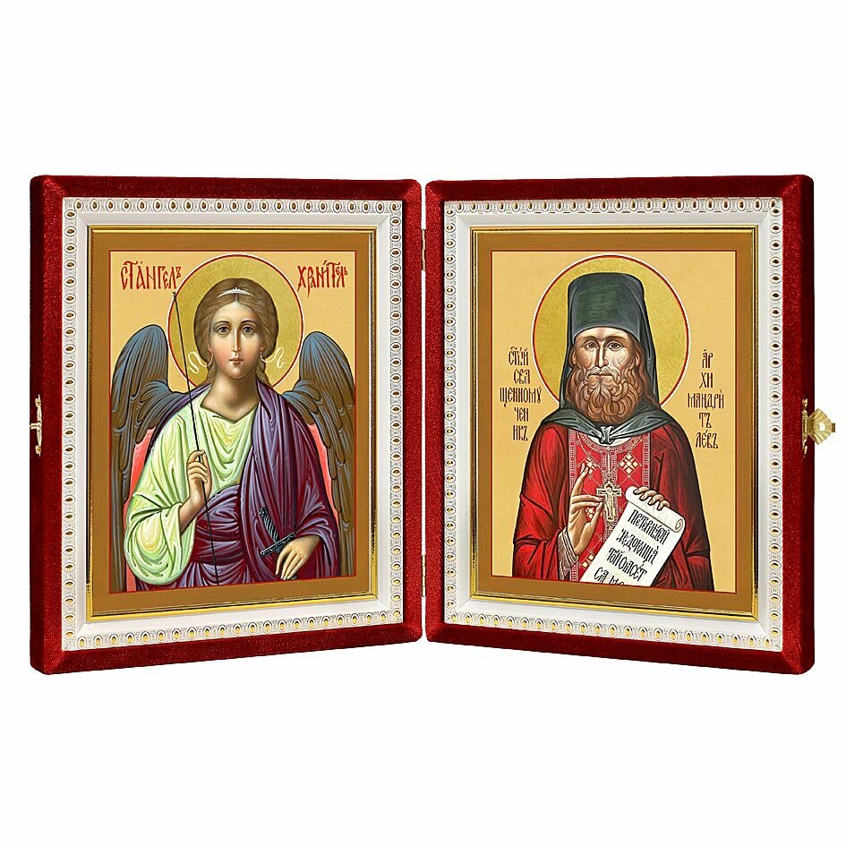 Складень именной "Преподобномученик Лев (Егоров), архимандрит - Ангел Хранитель", размер ликов 15*18 см