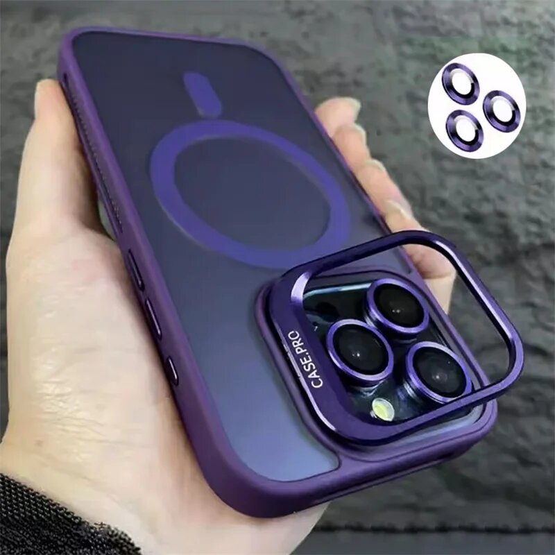 Матовый магнитный противоударный чехол для телефона для iPhone 15, 14, 13, 12, 11, 16 Pro Max 16 Plus, стеклянная подставка, защитная задняя крышка для объектива Фиолетовый, для айфон 14 Про Макс, Purple