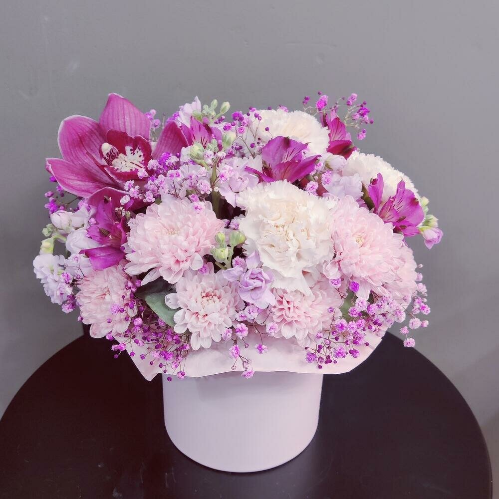 Композиция в коробке Цветочный ЛЕС Утренний рассвет, 25 см, фиолетовый/розовый