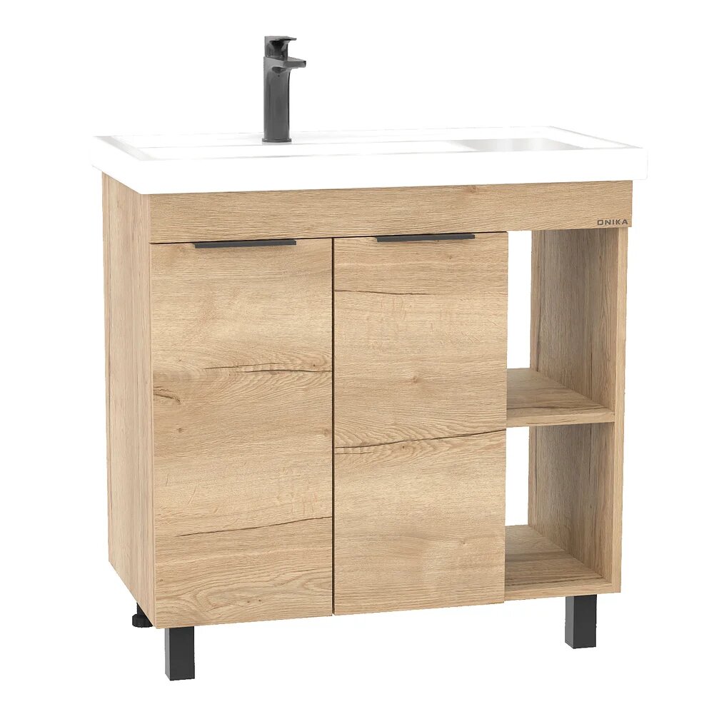 Тумба под раковину без столешницы Onika Легран 80 напольная, с ножками, светлое дерево, матовая, из ЛДСП, тумба для ванной, с дверками, лофт