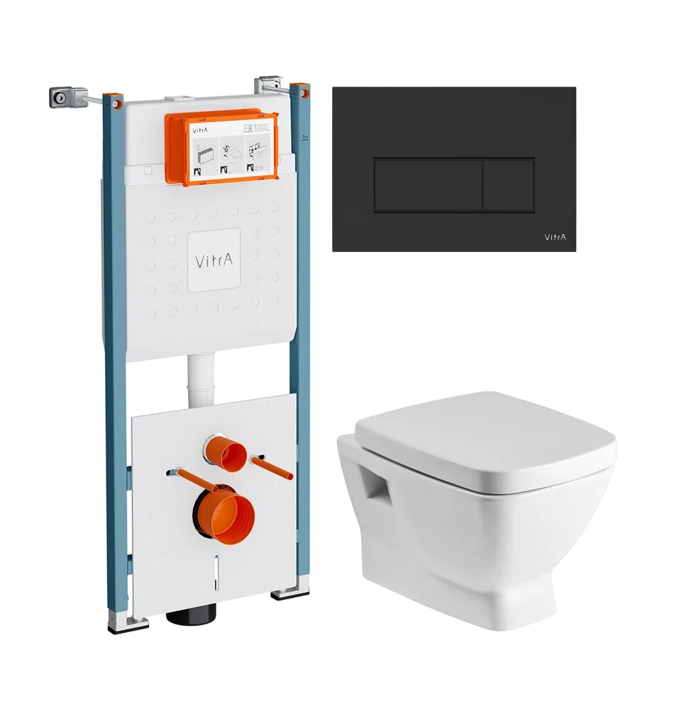 Комплект 3 в 1 Унитаз подвесной Santek Нео 1WH302423 / Инсталляция VitrA V-Fix Core 732-5800-01PV / Кнопка Root Square 740-2311 цвет матовый черный