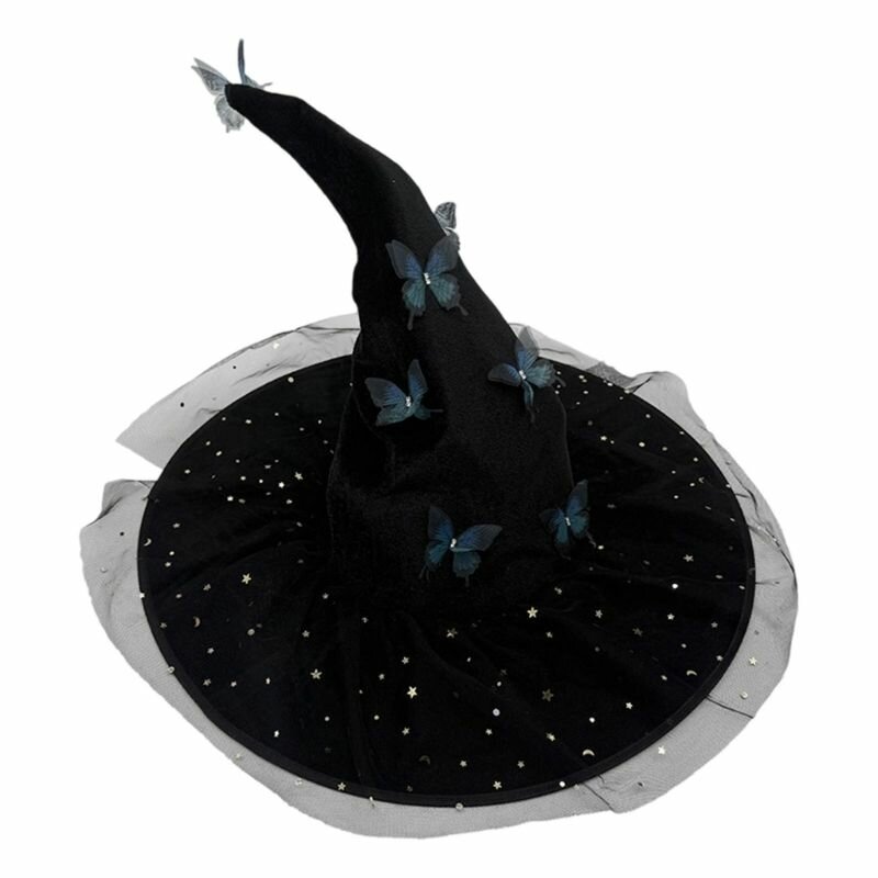 Бархатная плиссированная шляпа ведьмы с углами на Хэллоуин-синяя