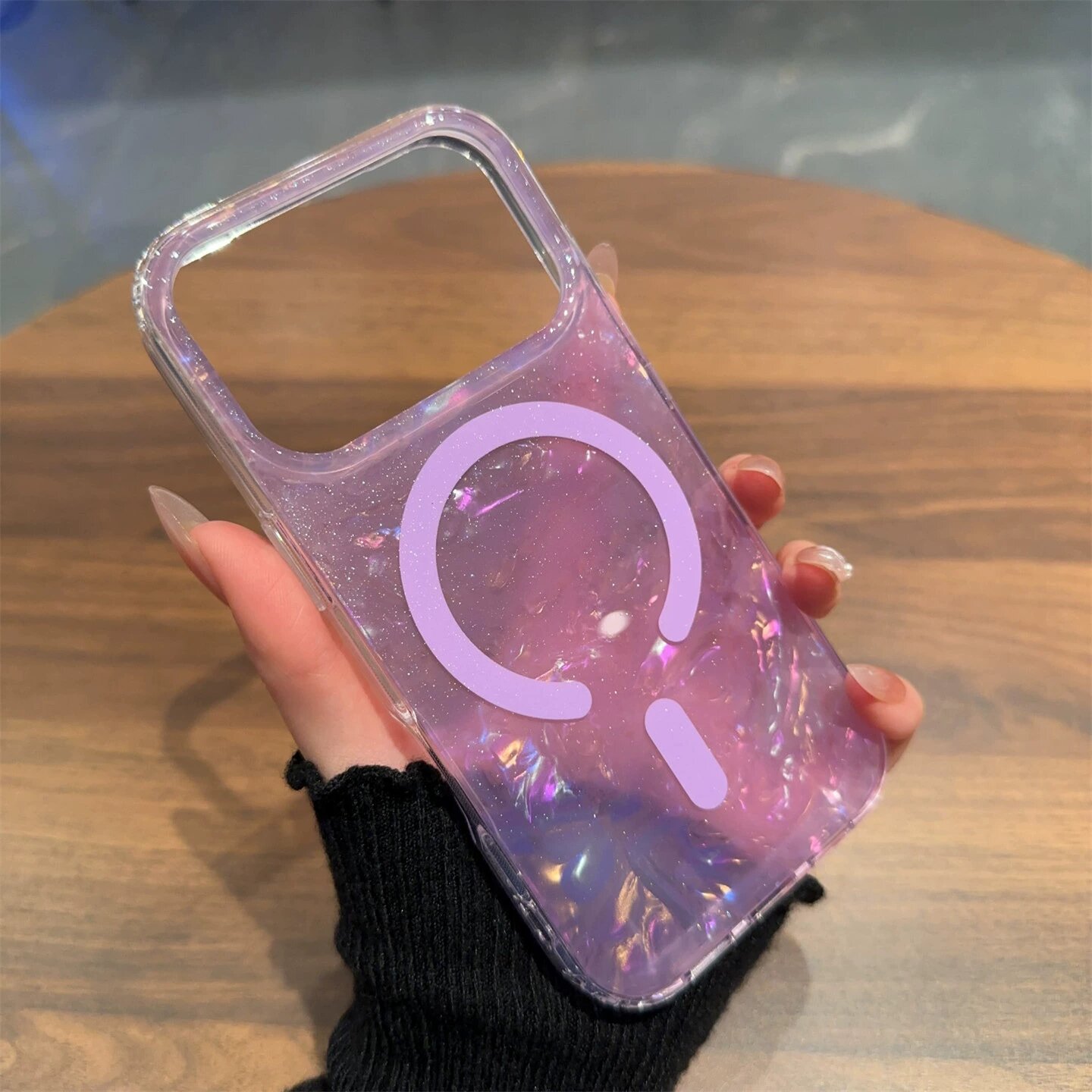 Прозрачный магнитный чехол с блестками и ракушечным узором для iPhone 17, ультра-тонкий, фиолетовый