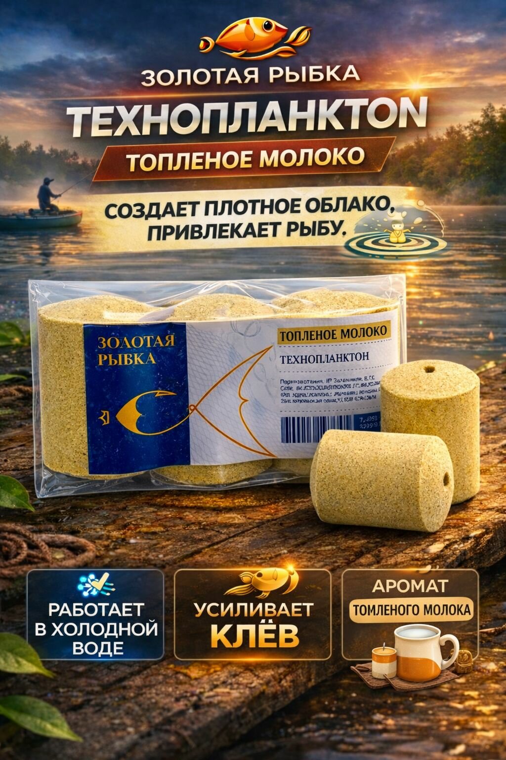 Технопланктон Брикет "Топленое молоко" Прикормка для Толстолоба Карпа и Амура, Работает в Холодной Воде Золотая Рыбка