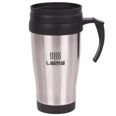 Автокружка 400 мл, термостакан с ручкой, винтовая крышка-клапан, пластик/сталь, серебро, LAIMA