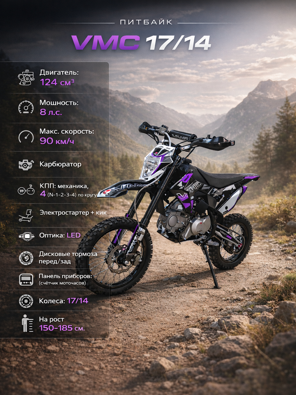 Питбайк VMC 17/14 Violet 124см3 (эл. стартер)