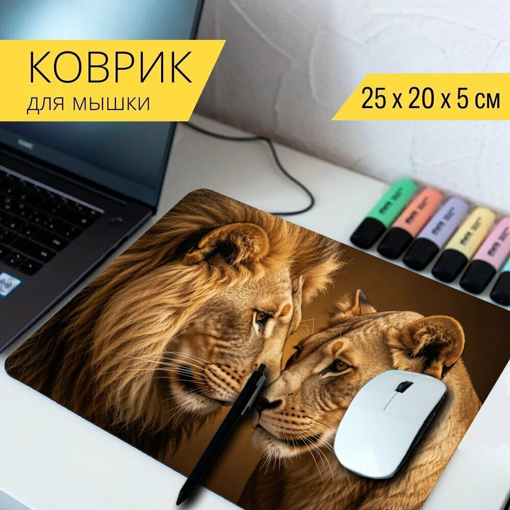 Коврик для мыши с принтом "Два льва в нежном соприкосновении. Реалистичная крупная сцена с хищными кошками, смотрящими друг другу в глаза и касающимися мордами." 25x20см.