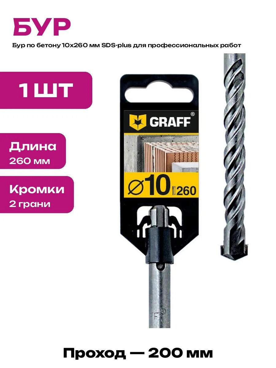 Бур по бетону 10х260 мм SDS-plus рабочая длина 200 мм кирпич