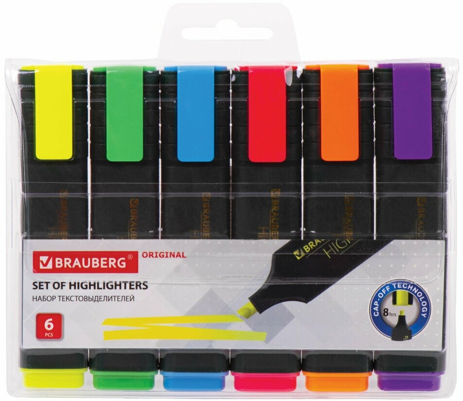 Набор текстовыделителей 6 цветов, BRAUBERG "ORIGINAL", линия письма 1-5 мм, 151690, 151690