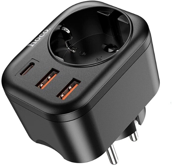 Сетевой фильтр Hoco NS3, 1 евро-розетка ~220В + 2-USB-3A, Type-C, 20W, PD, черный