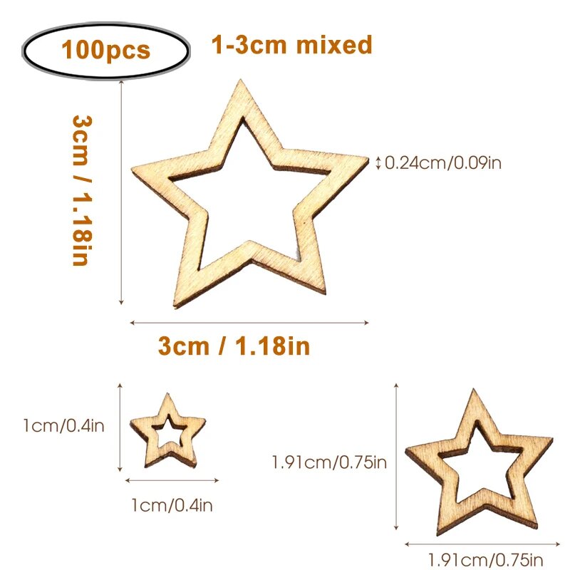 Деревянные звездочки для поделок 100 шт. Коричневый, 1-3cm mixed