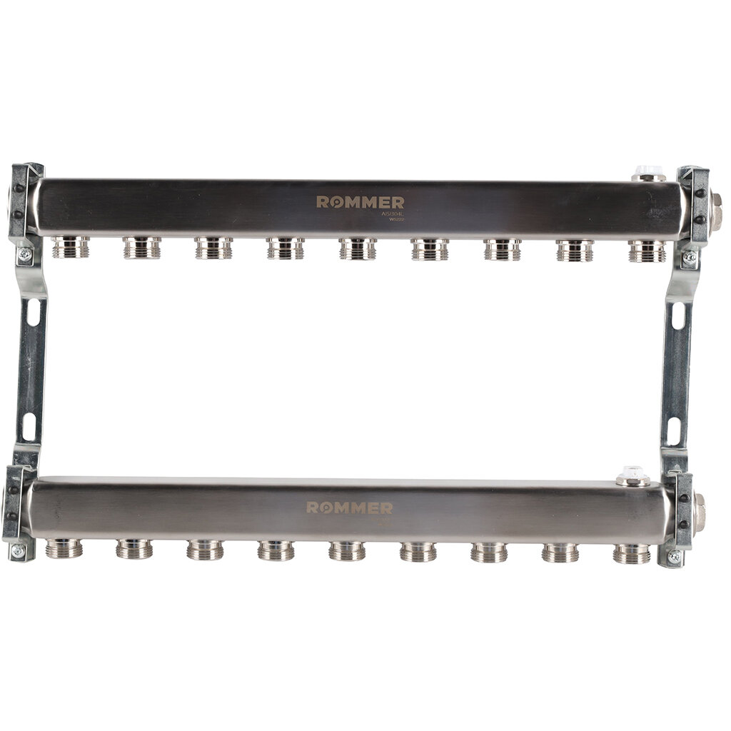 Коллектор ROMMER для радиаторной разводки 9 выходов из нержавеющей стали