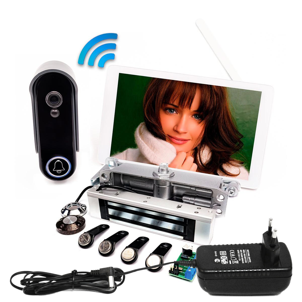 Комплект мобильный радиоканальный Wi-Fi HD видеодомофон и электромагнитный замок PL-400G - SkyNet (1+0+400. G)-1100-Tuya-HD (E2106EU) и WiFi беспровод