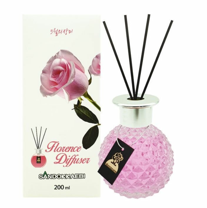 Sandokkaebi Жидкий освежитель воздуха "Aroma Diffuser" (стеклянный флакон + палочки / роза) 200 мл