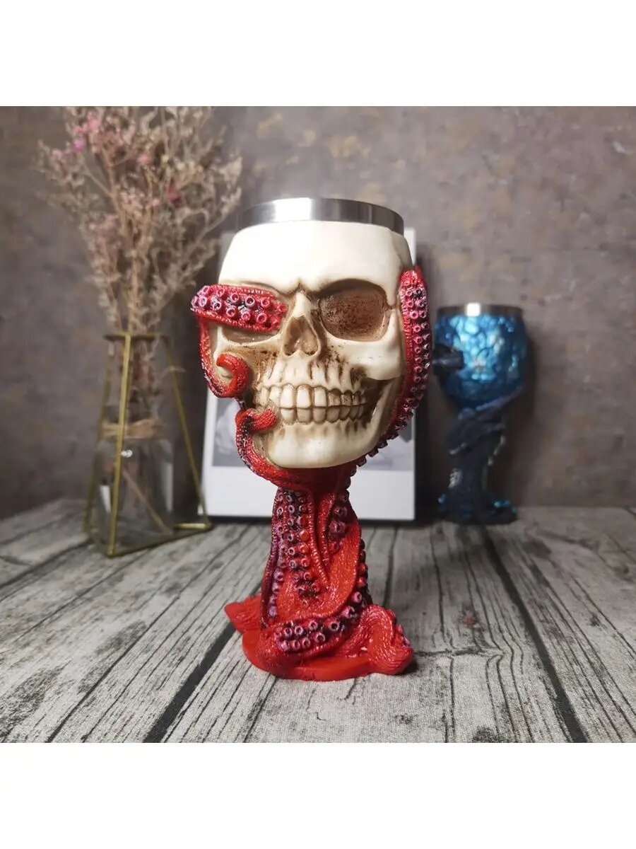 Бокал "Осьминог" от Большого Кита, нержавеющая сталь, дизайн с черепом, красный