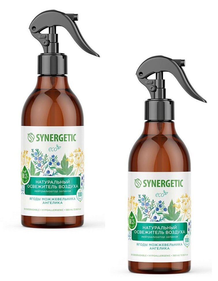 Гипоаллергенный освежитель воздуха Synergeic, нейтрализатор запахов «Ягоды можжевел и ангелика», 380мл, 2 шт