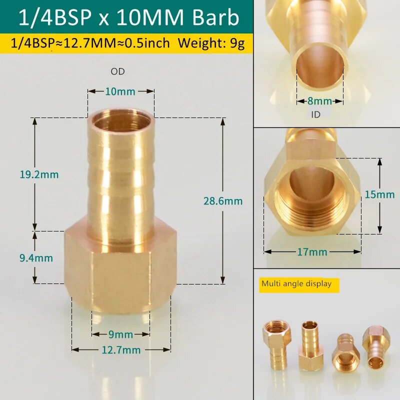 Латунный штуцер для шланга 6/8/10/12/14/18 мм, хвостовик 1/8/1/4/3/8 дюйма, BSP 1l4BSP 10mm Barb