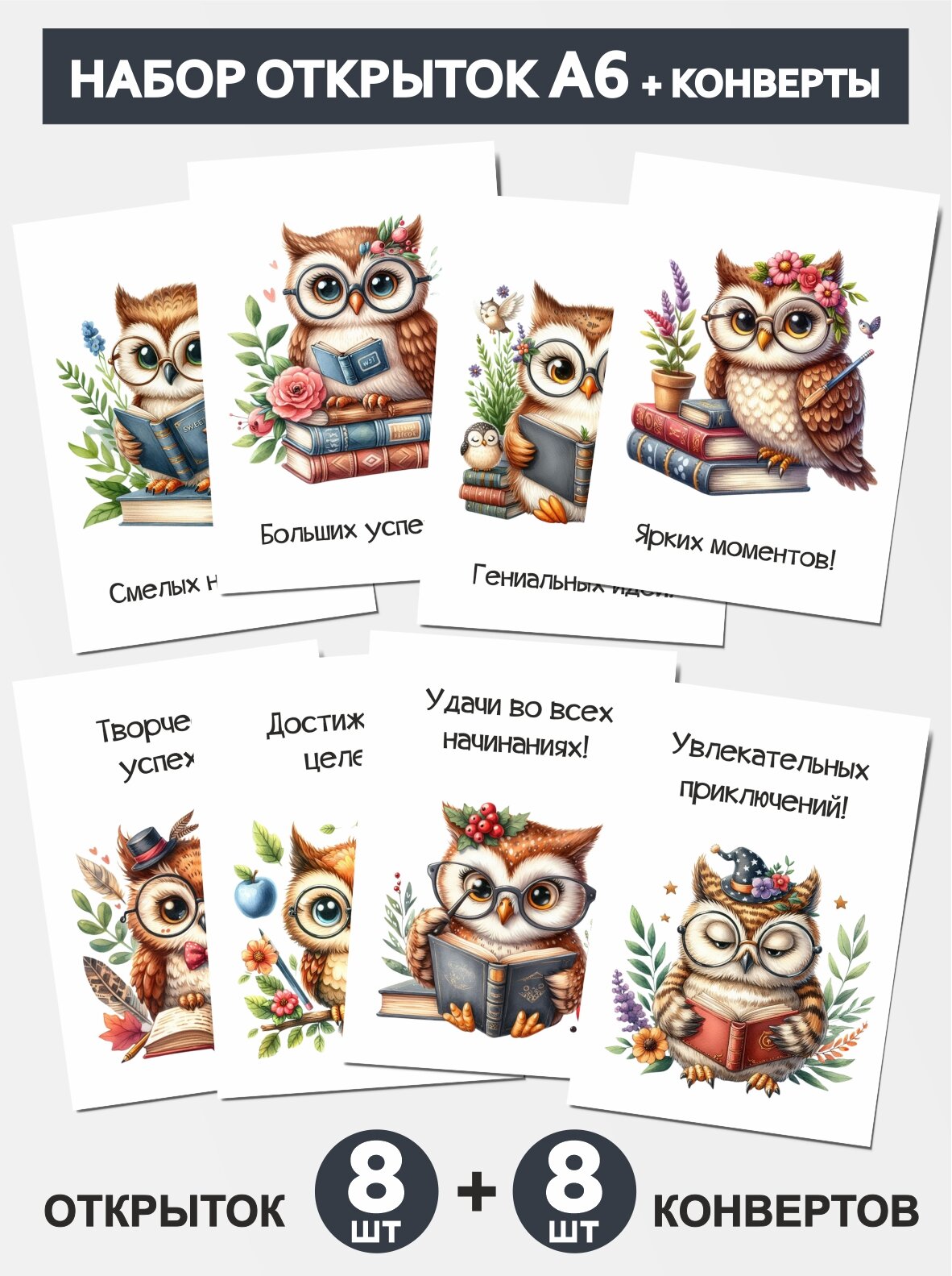 Набор школьных почтовых открыток А6 - 8 шт и крафт-конверт С6 - 8 шт, для подарков выпускнику, ученикам на 1 сентября и День Рождения, Школьная сова #001 - №1, postcard_8_school_owls_#001_А6_set_1