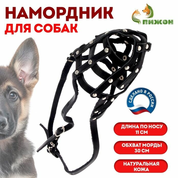 Намордник для собак Пижон кожаный сетчатый с перемычкой № 3, овчарка, длина по носу 11 см, обхват морды 30 см
