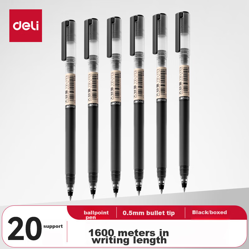 [Back to School Essential] Deli Large Capacity Gel Pen, 4x Writing Speed, Office Stationery, 1600m Extra Long Writing Time, 0.5mm Bullet Tip, 20 Pens/box, DL-33003 Black