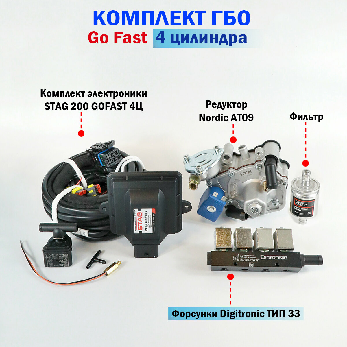 Комплект ГБО (4 цилиндра): GoFast, Nordic AT09, Тип 33, фильтр