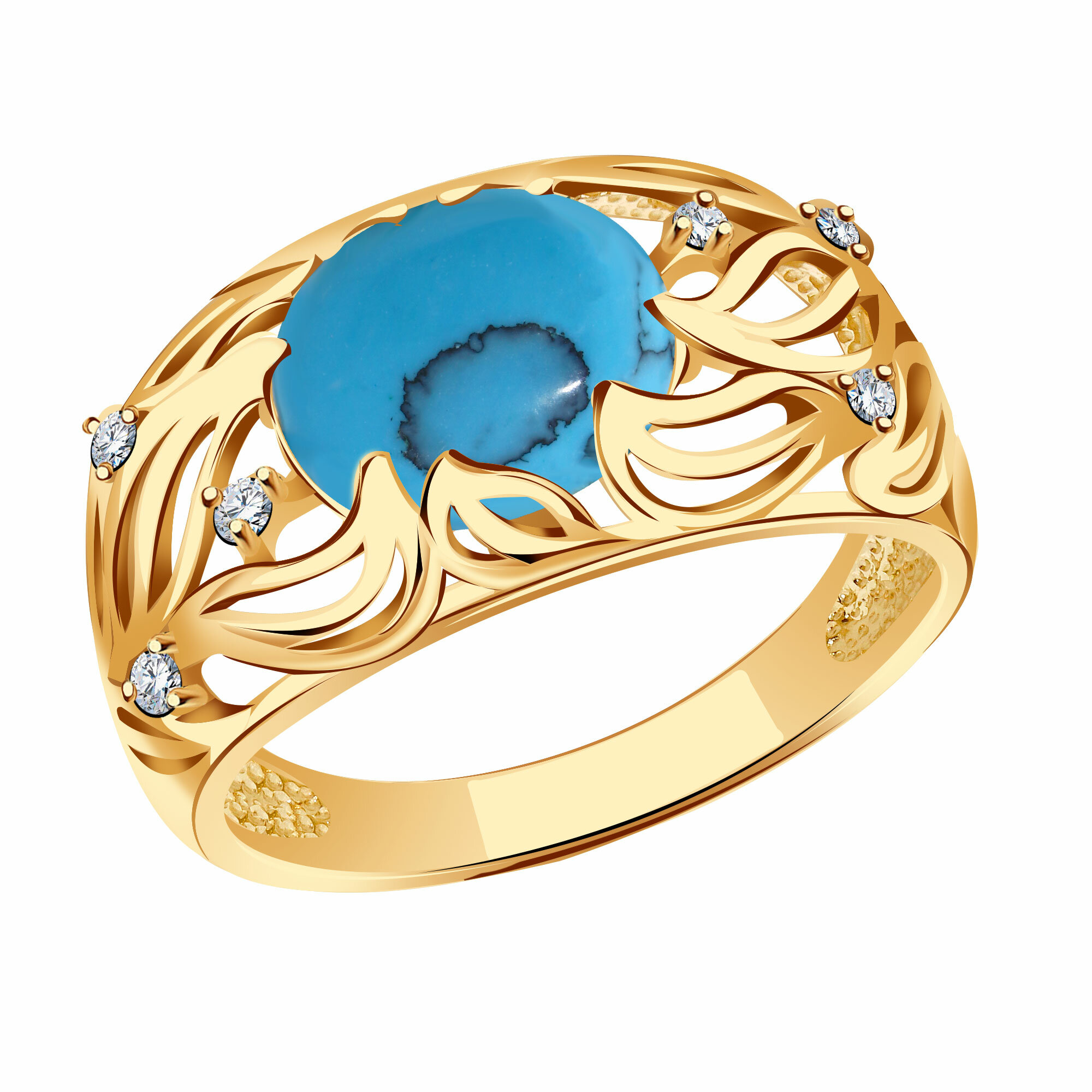 Кольцо обручальное, красное золото, 585 проба, фианит, бирюза