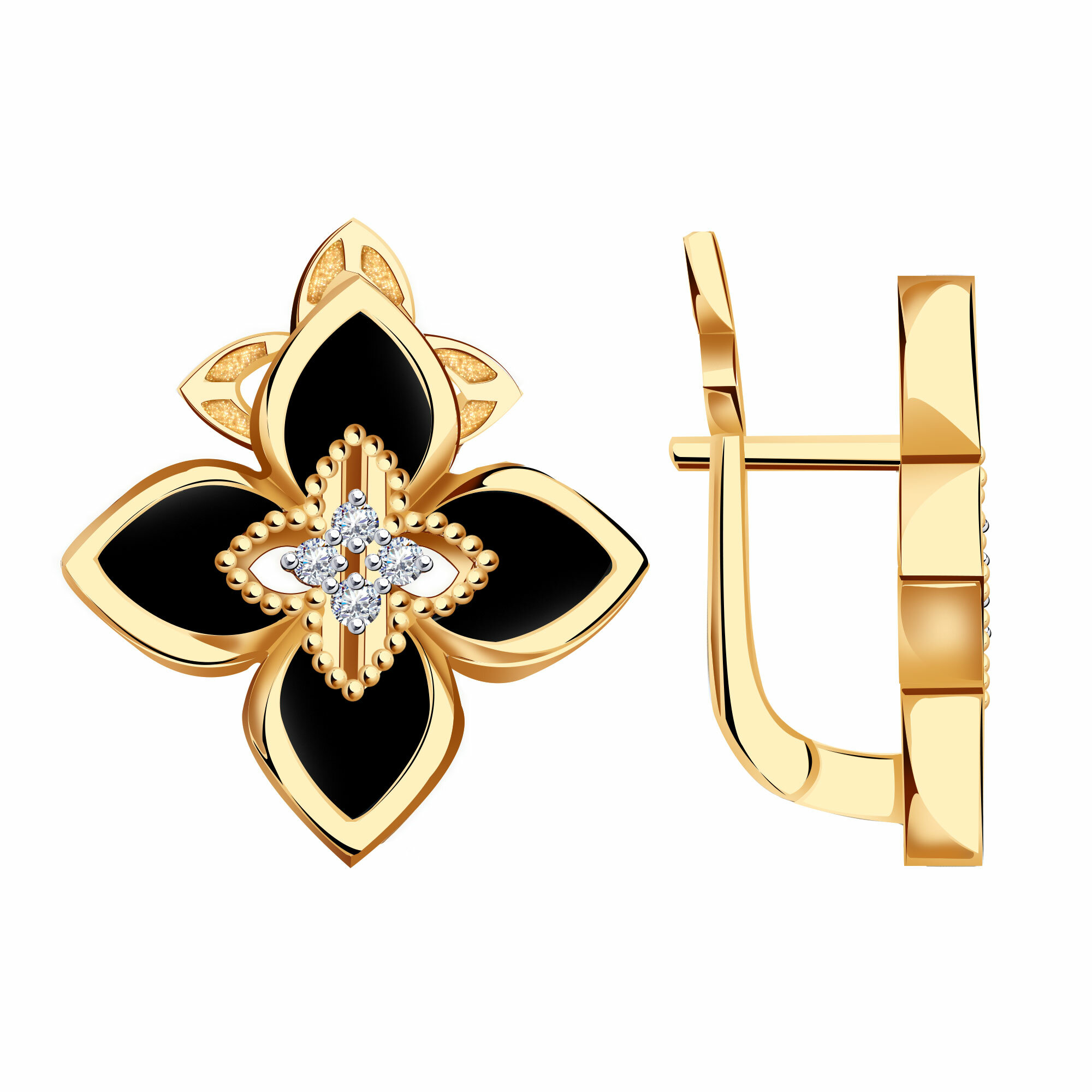 Серьги, красное золото, 585 проба, фианит, оникс