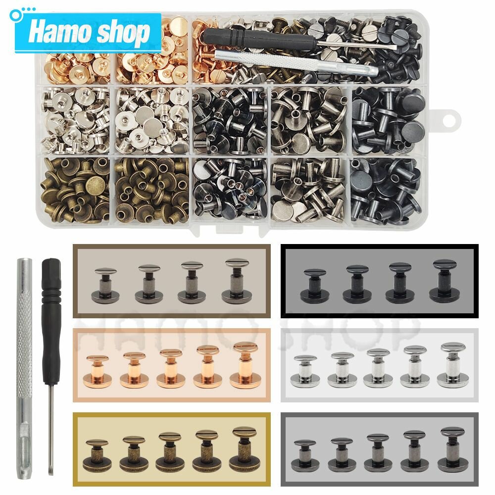 Ременной винт болт, набор латунных заклепок для кожи и ремней 40-140 шт, клепки плоской головкой, пресс кнопки для сумок и поясов, золотые серебряные медные чёрные, пробойник и отвёртка в комплекте