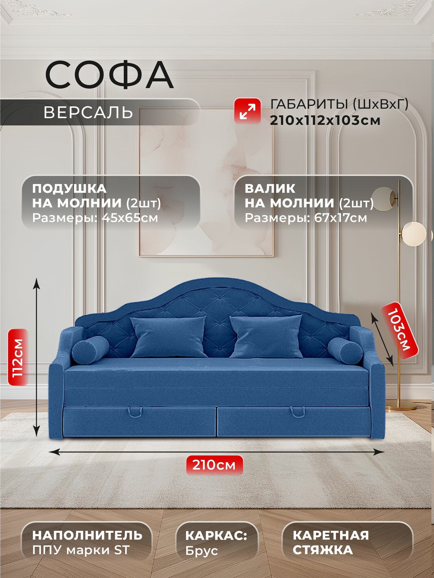 Софа Версаль фокус- мебельная фабрика 212х103х112 см синий велюр